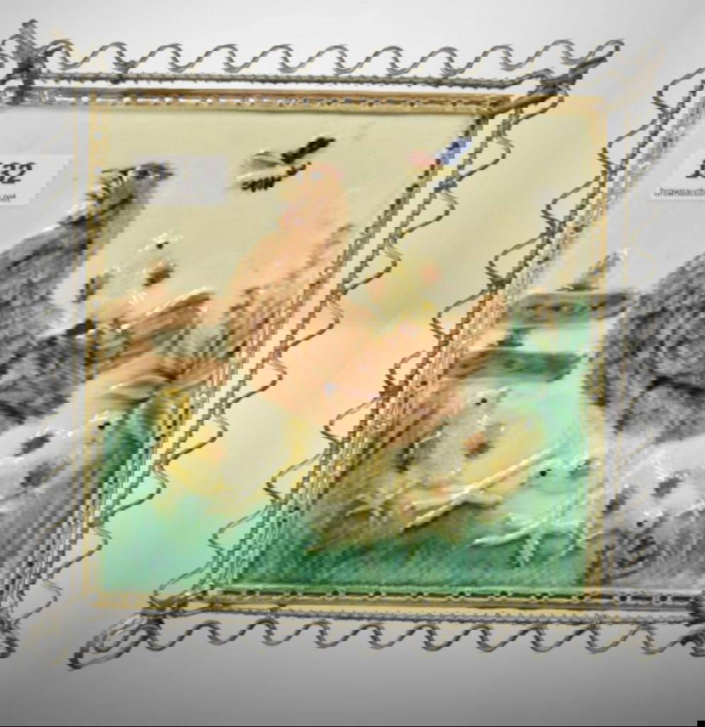 Majolica Tile Depicting Hen And Chicks Set In Wire Frame; 6" Sq. Dia ...