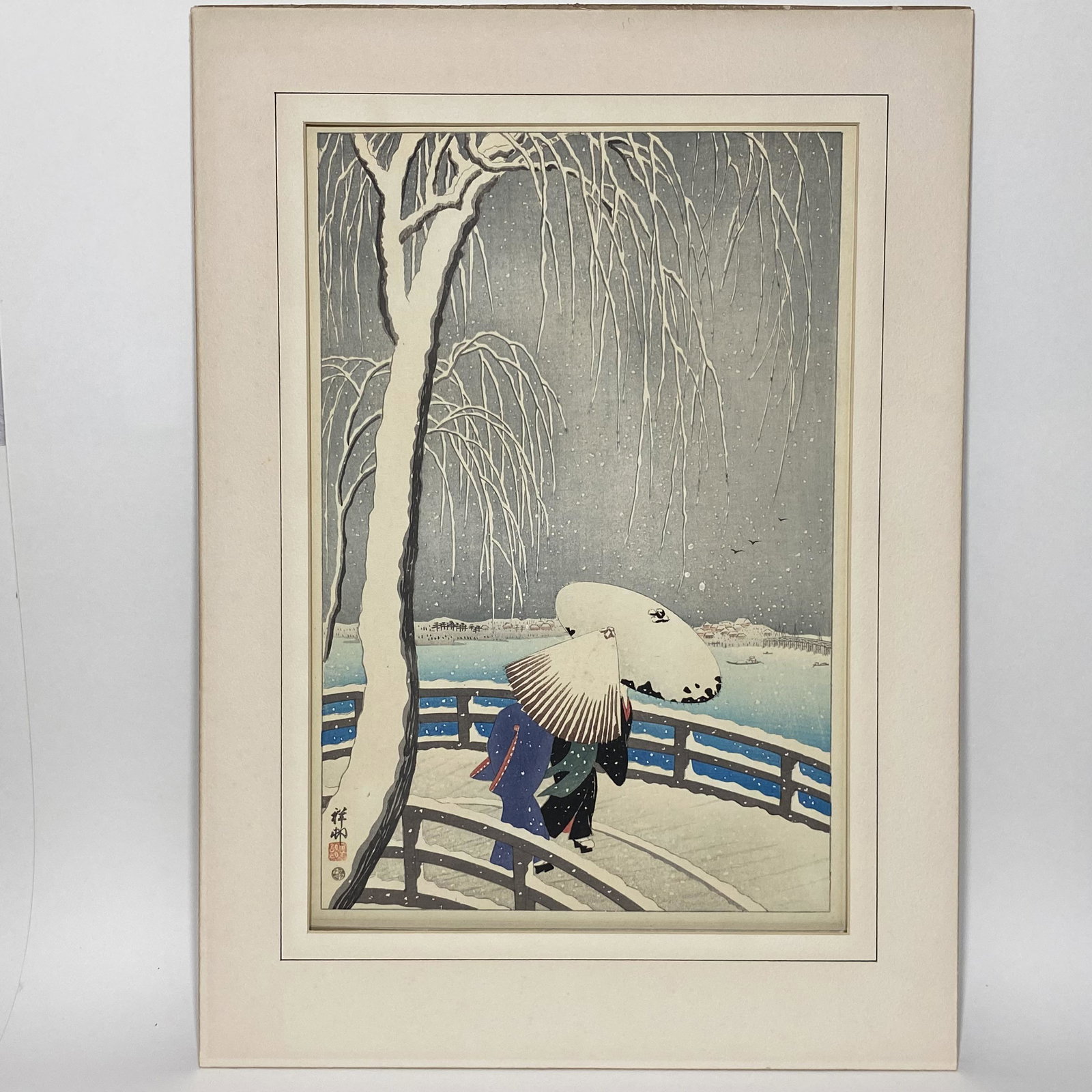 Original Japanese Woodblock Art By Ohara Shoson Snow On Willow Bridge
