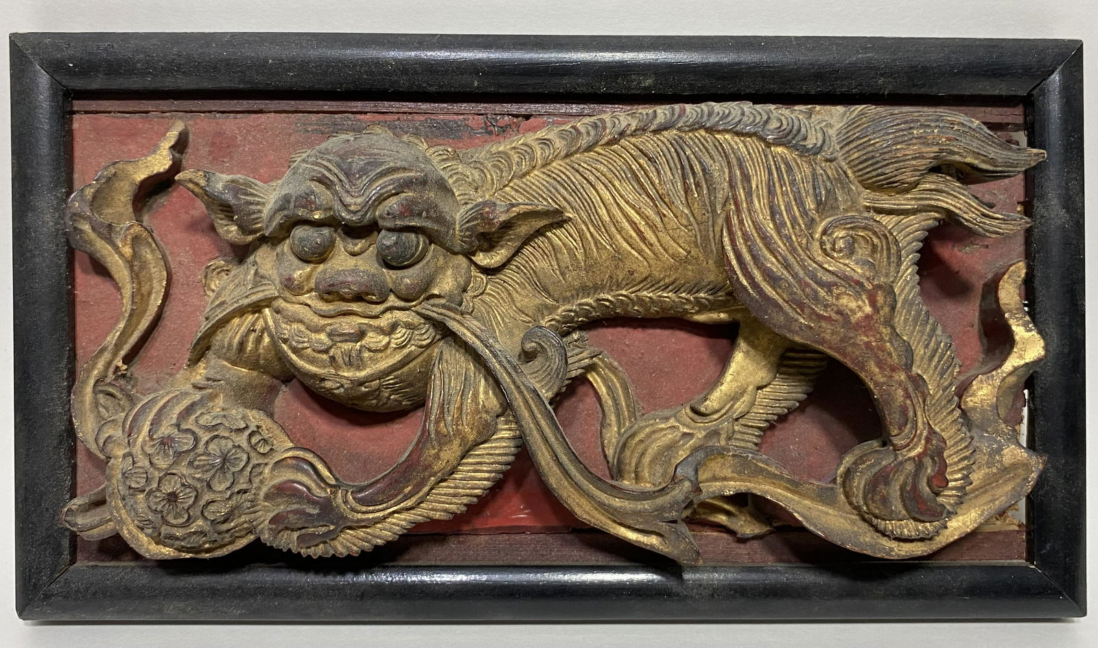 Antique Chinese Gold Gilt 3d Carved Wood Relief Foo Dog Opium Bed Wall ...