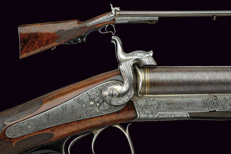 A Beautiful Double Barrelled Pin Fire Gun By