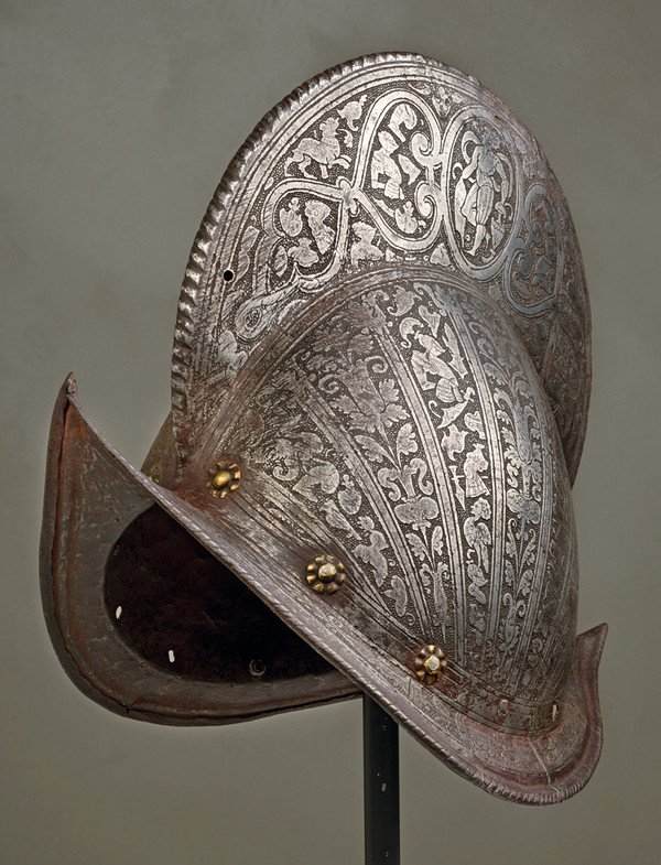 A very rare etched morion with high comb