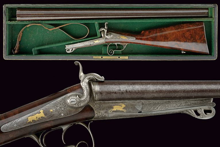 A Cased Double Barrelled Pin Fire Gun By Bernard,