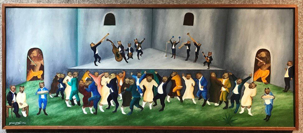 Haitian Painting Of Cat Party By Jasmin Joseph, 1973