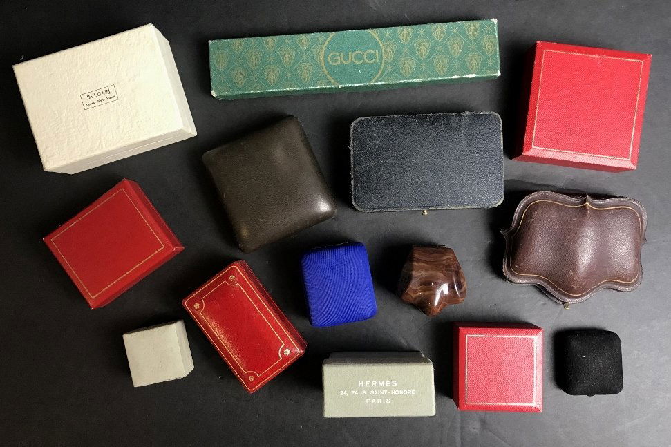 Thirteen upscale old jewelry boxes, circa 1900 to 1970