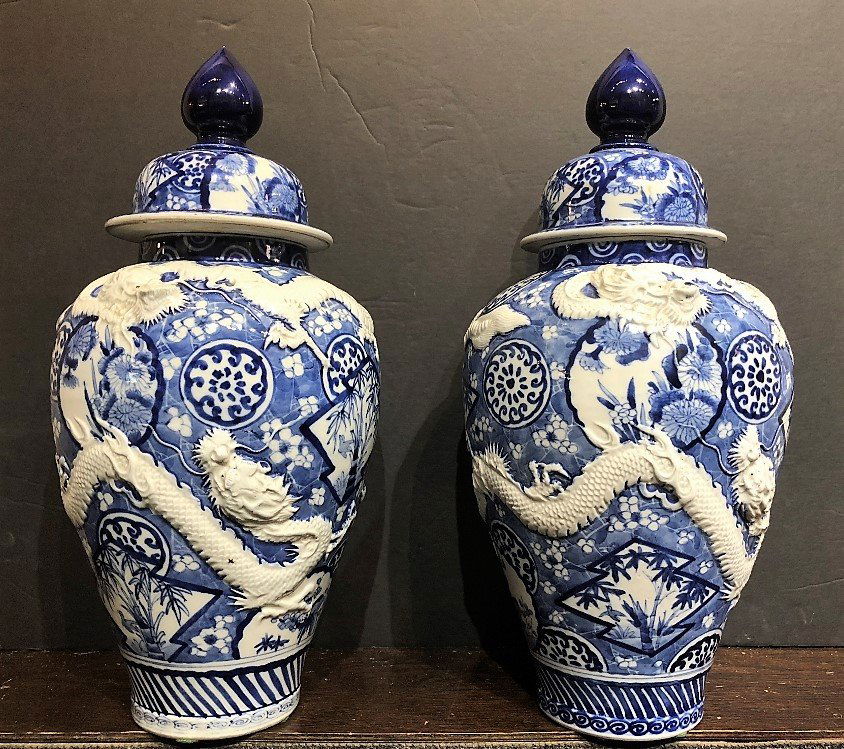 Pair Japanese Porcelain Nabeshima Dragon Vases, C.1900