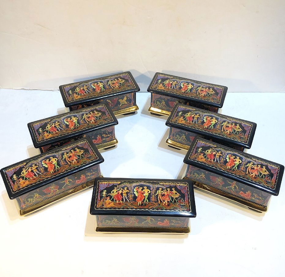Seven Russian porcelain music boxes