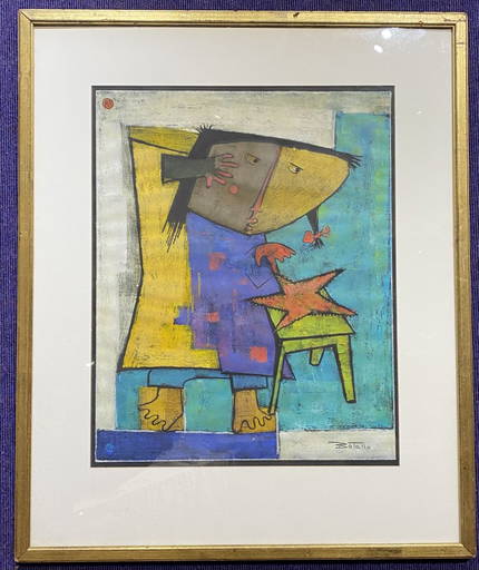 Linocut By Angel Botello, Girl With Starfish