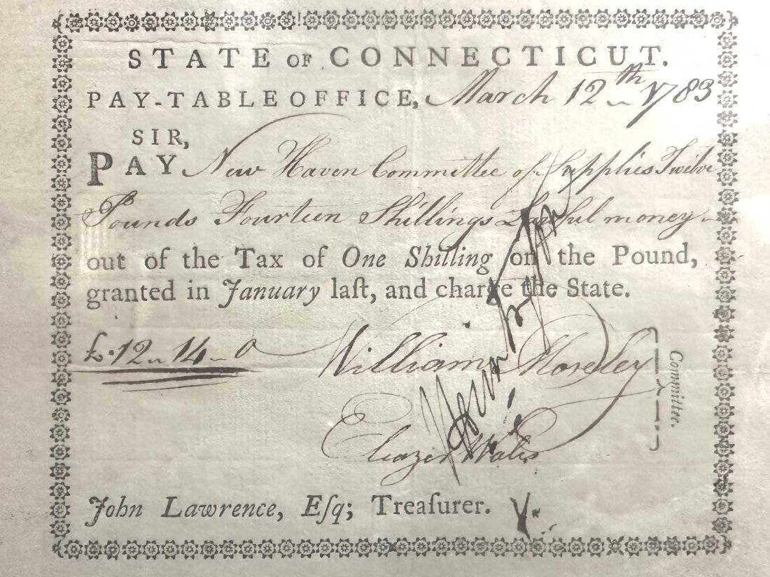 1783 Colonial Connecticut Monetary Note Auction