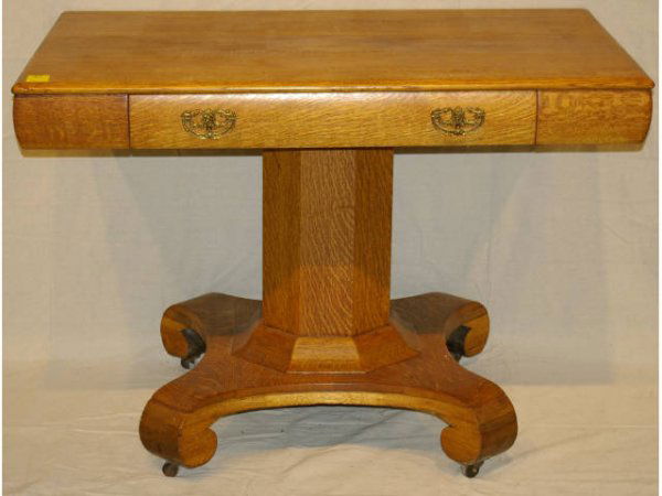 1031: Tiger Oak Library Table With Drawer.