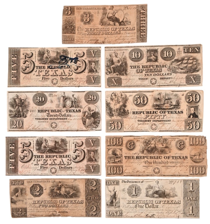 Set Of Republic Of Texas Currency Notes Lamar
