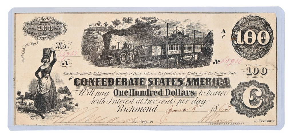 1863 Confederate $100 Civil War Note Railroad