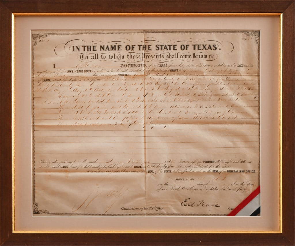 1854 Texas Governor E.m. Pease Signed Land Grant Auction