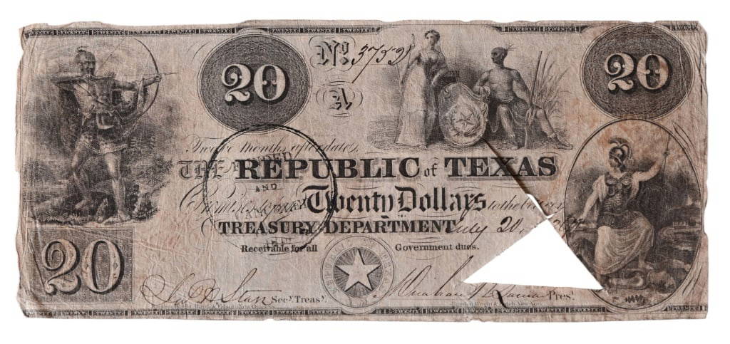 1839 Republic Of Texas $20 "redback" Note Auction