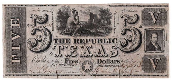 1839 Republic Of Texas $20 "redback" Note Auction