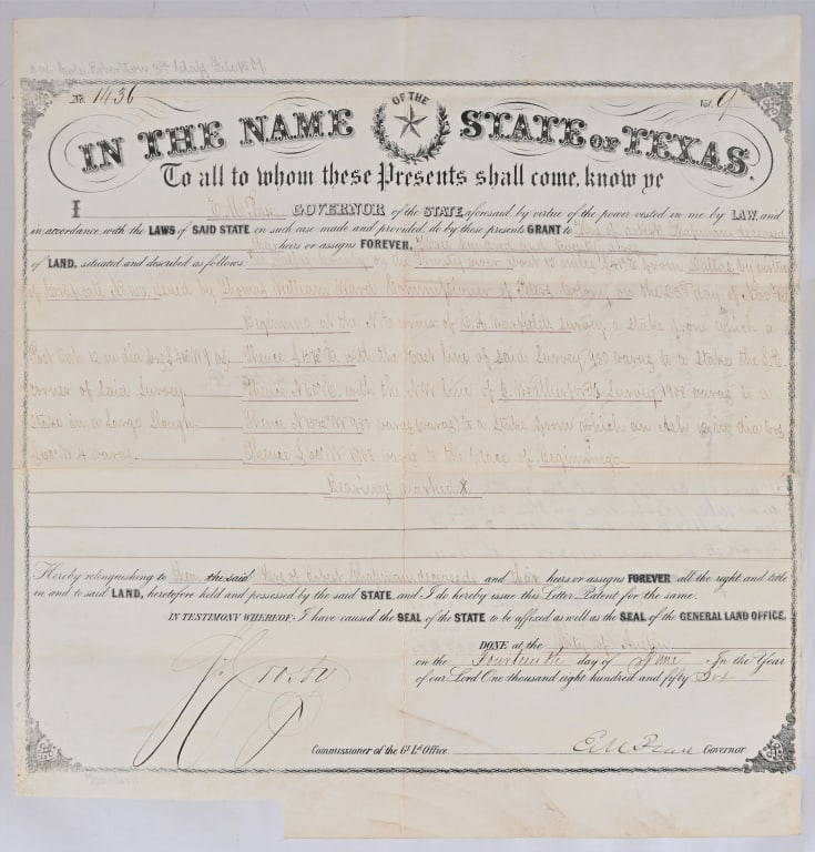 1856 Texas Governor E.m. Pease Signed Land Grant Auction