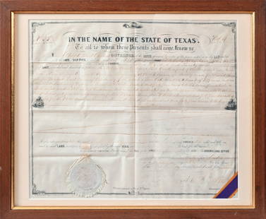 1854 Texas Governor E.m. Pease Signed Land Grant Auction