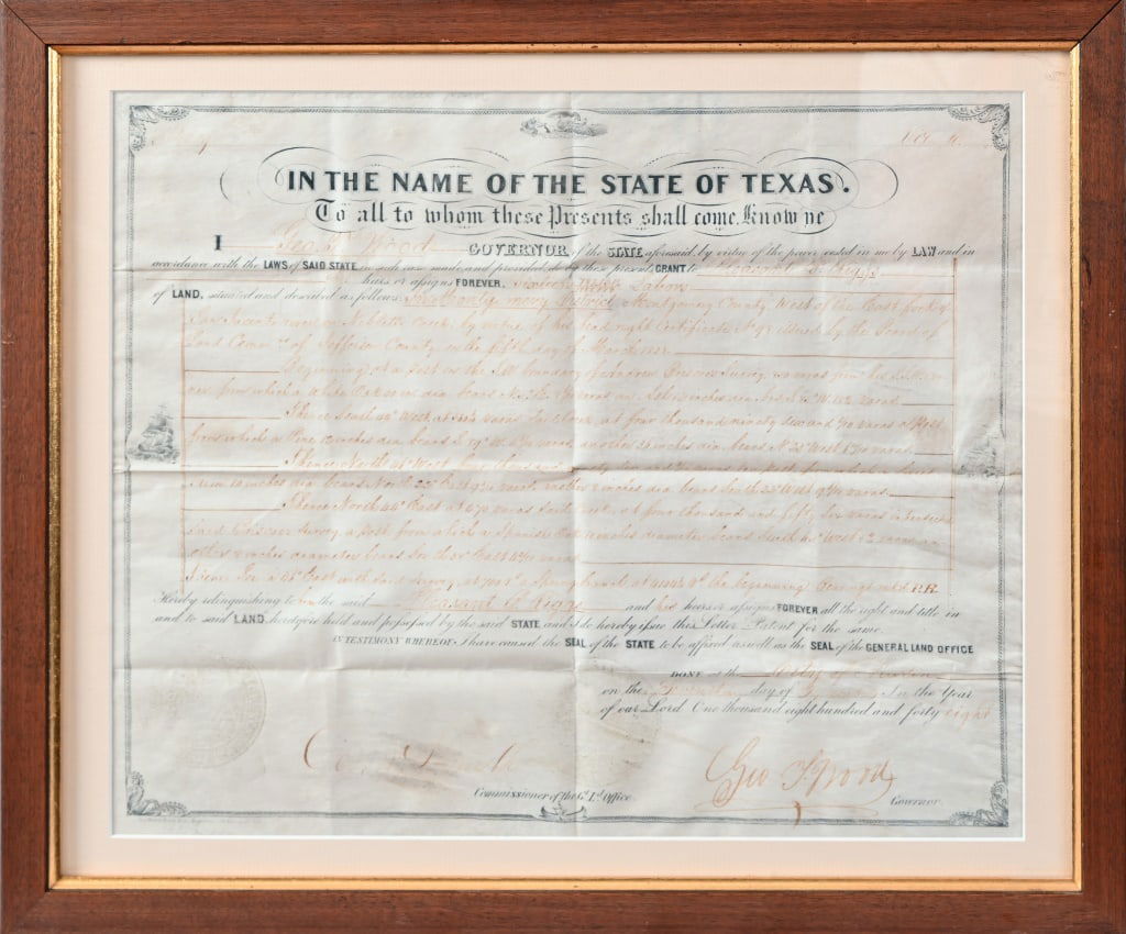 1848 Governor Wood Signed Texas Land Grant Auction