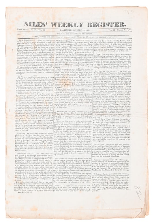 Niles' Weekly Register 1837 Auction
