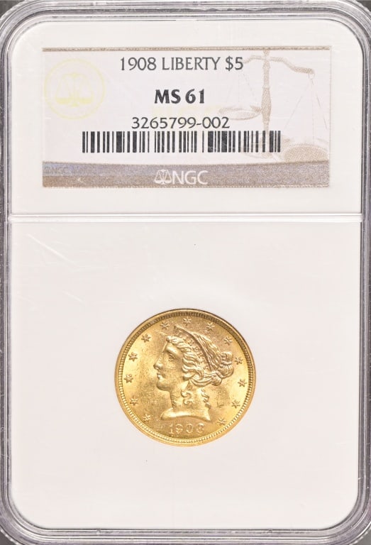1908 Liberty Head $5 Gold Coin Ngc Ms61 Auction