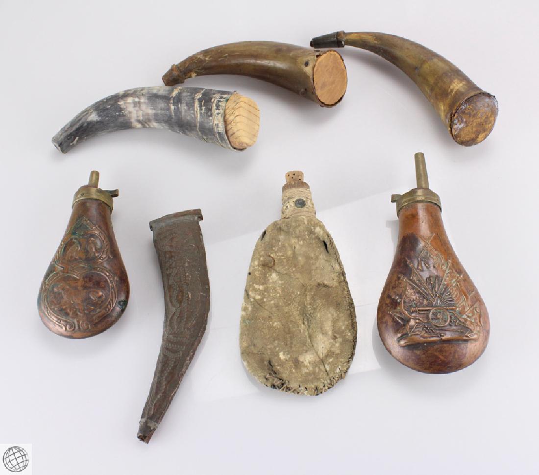 7Pcs Black Powder ANTIQUE POWDER HORNS STAMPED COPPER