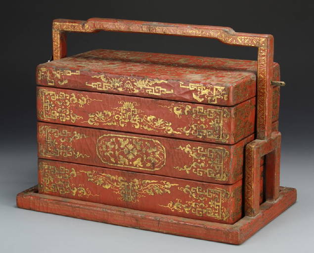 Chinese Wooden Red And Gilt Scholar Box