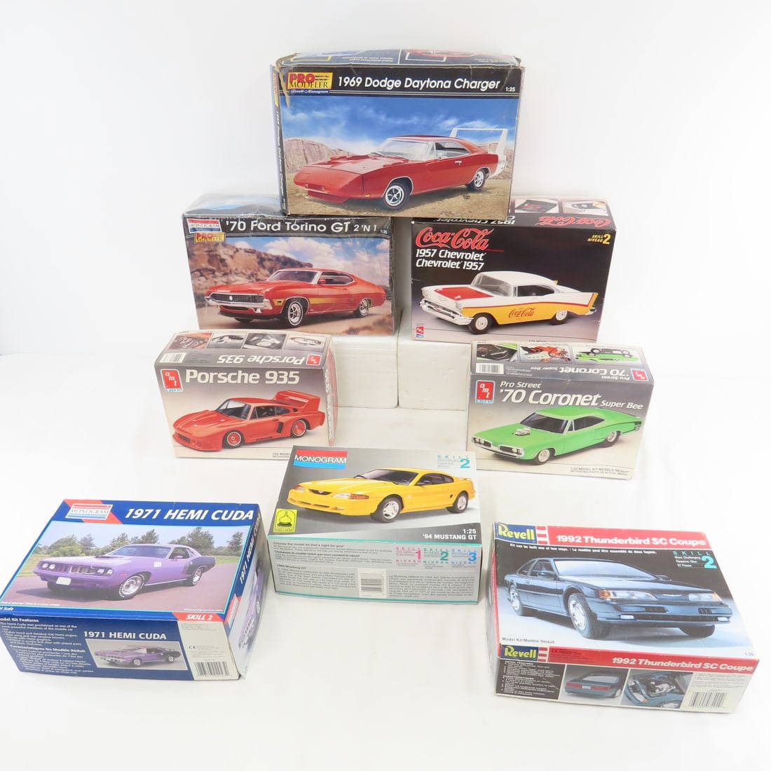 8 Muscle Car Model Kits In Boxes- 1 Sealed Auction