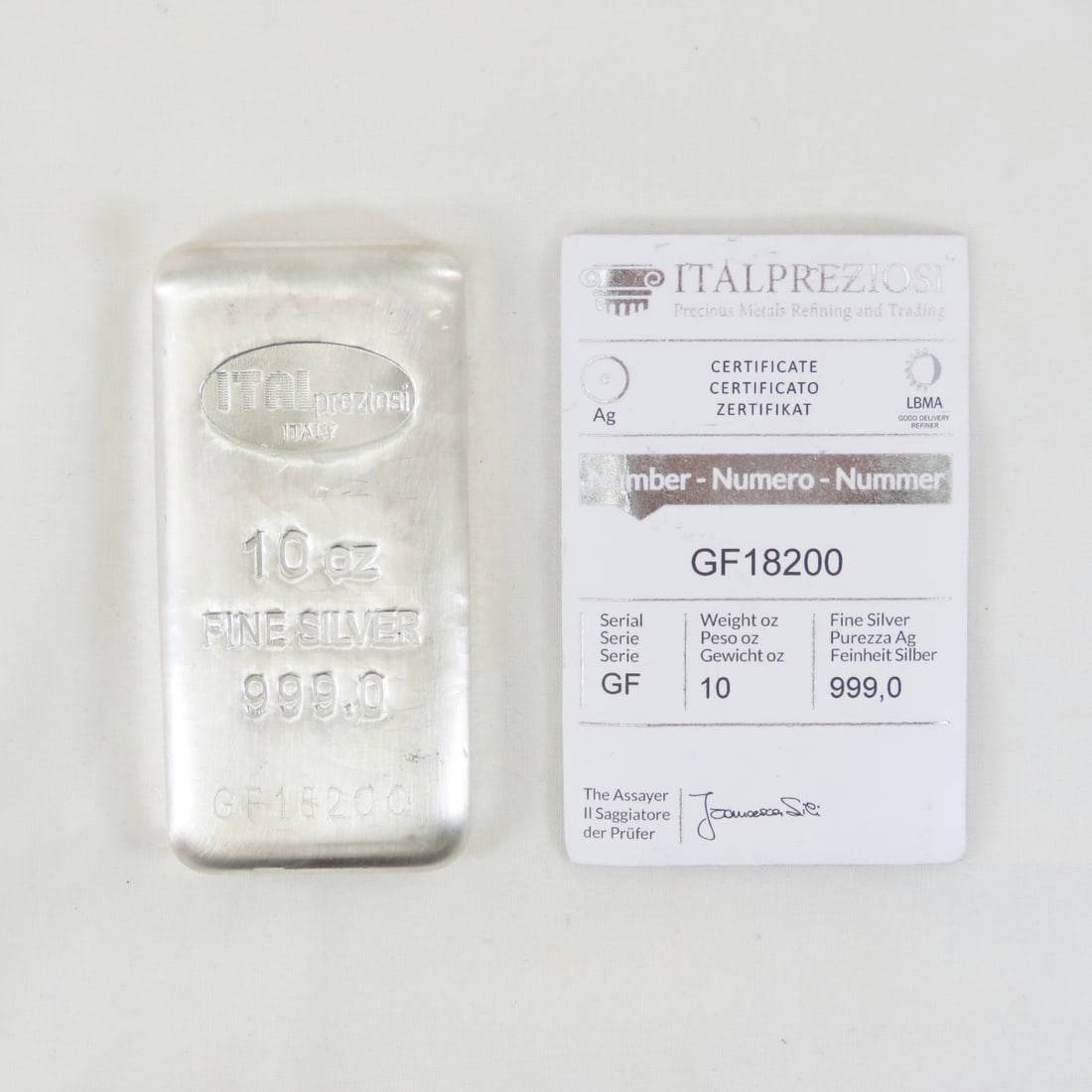 Italpreziosi 10ozt .999 Silver Bar With Papers Auction