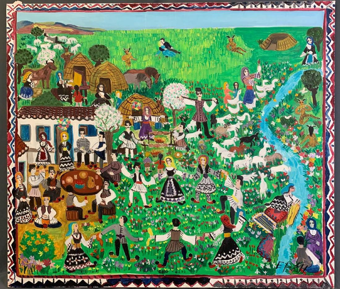 Large French Folk Art Oil on Canvas, Country Festival,