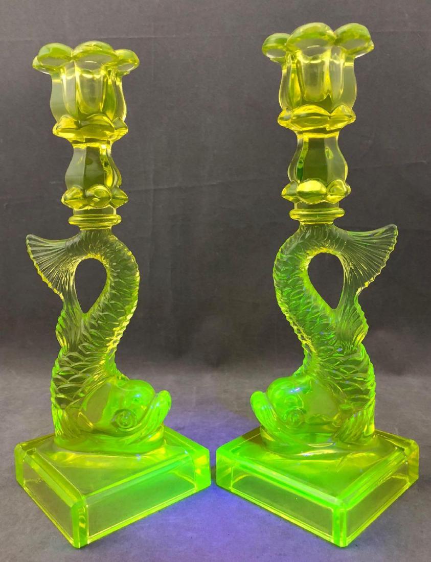 Vaseline/uranium Glass Mma Koi Fish Candlesticks