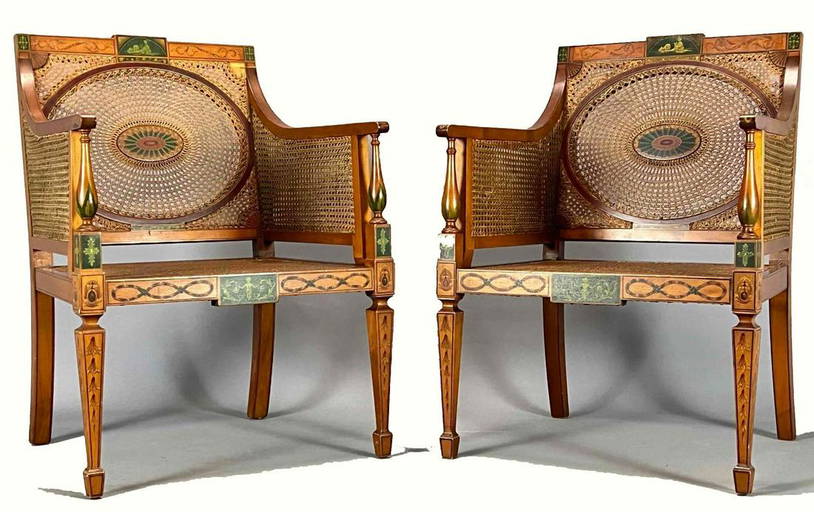 Adams Style Pair Of Armchairs With Wicker Medallions