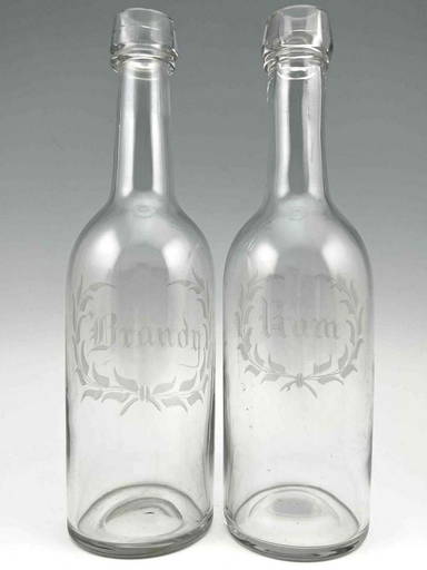 Two Antique Hand Blown Etched Glass Back Bar Bottles