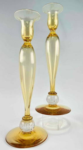 Pair Of Pairpoint Honey Amber Controlled Bubble Candlesticks