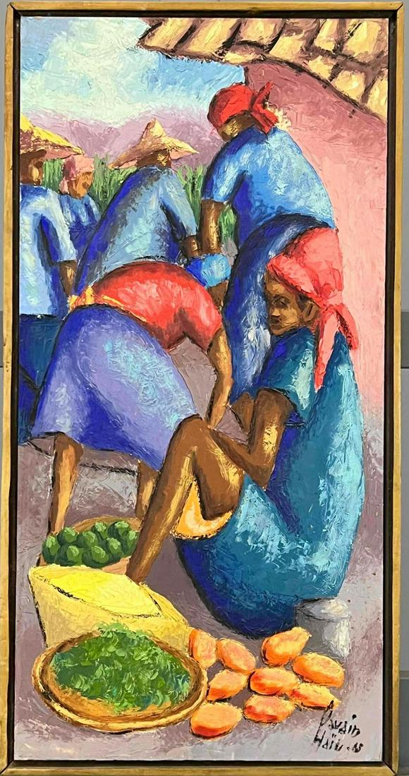 David Hain, Mid Century Market Scene, Oil On Board Auction