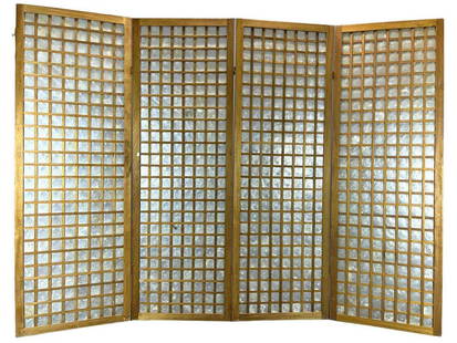 Mid Century Capiz Shell Shoji Style Lattice Folding Screen