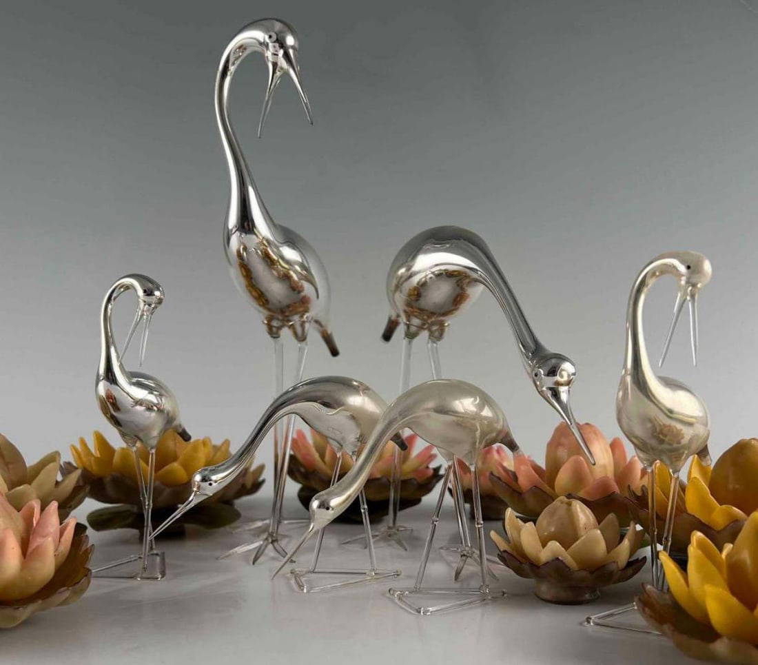 Set Of Bimini Art Deco Mercury Glass Art Glass Crane Figures Auction