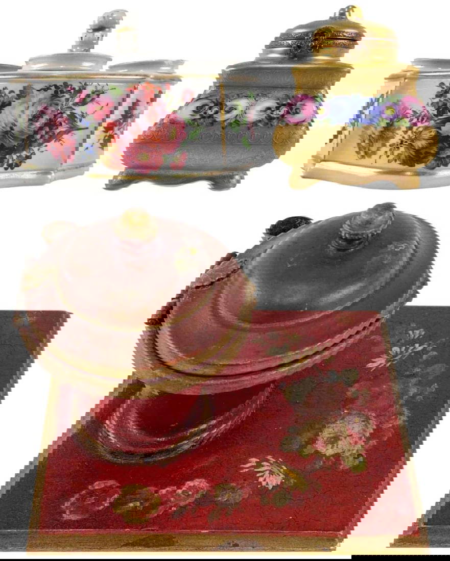 Three Antique Porcelain & Toleware Inkwells Auction