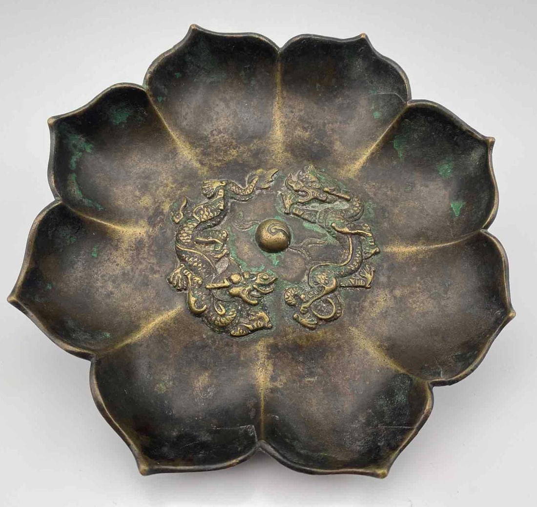 Finely Cast Bronze Lotus Flower Dish, Chinese Or Japanese Auction
