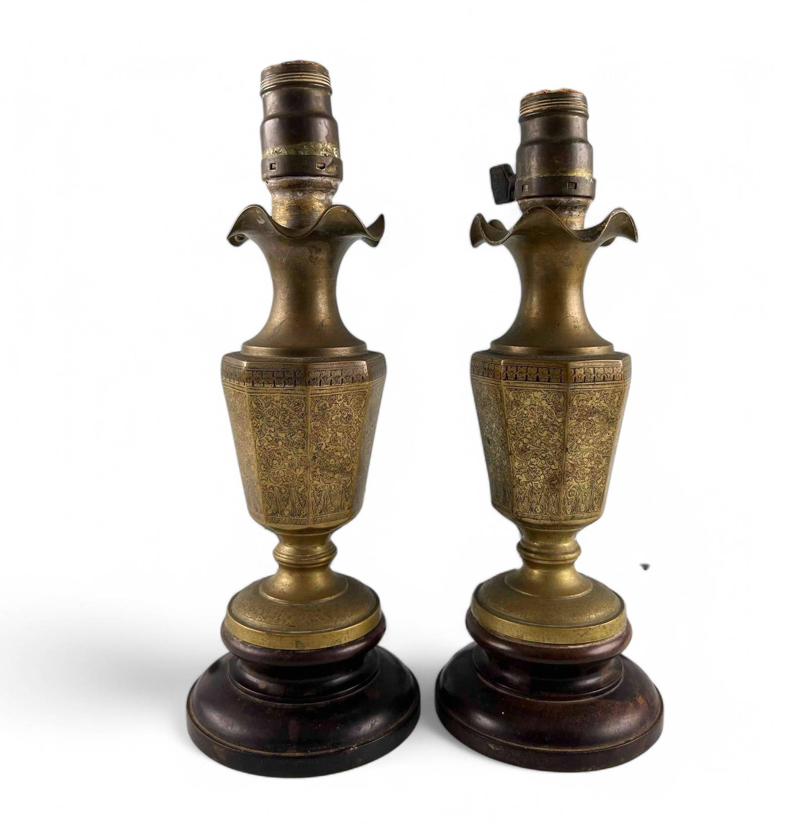 Pair Of Indian Etched Brass Shell Casing Vases, Mounted As Lamps Auction