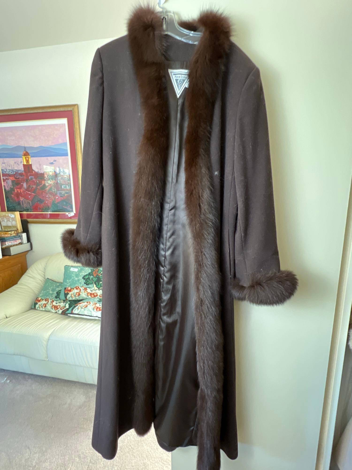 Marvin Richards Fox Fur Trimmed Brown Wool & Cashmere Blend Coat Auction
