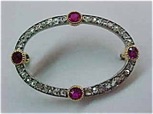 Antique Oval Diamond And Ruby Pin