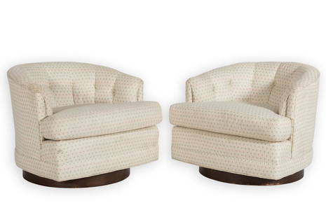 Pair Swivel Chairs On Walnut Bases