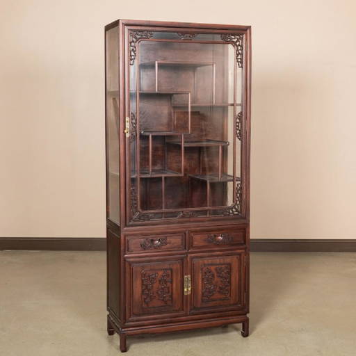 Carved Two Piece Teak Chinese Curio Cabinet