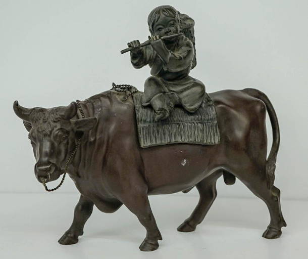 Japanese Bronze Figure Group Boy Riding Ox