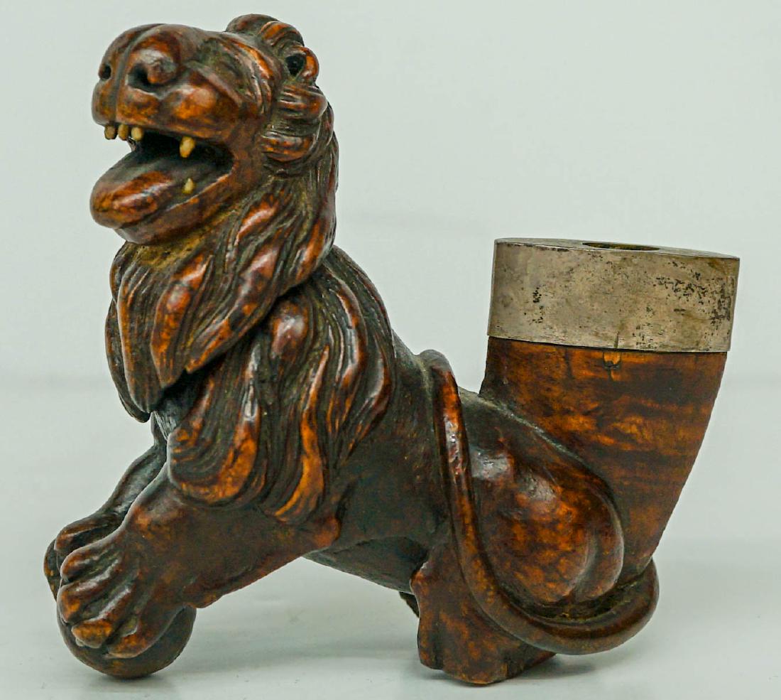 Antique Carved Wood Figural Lion Pipe
