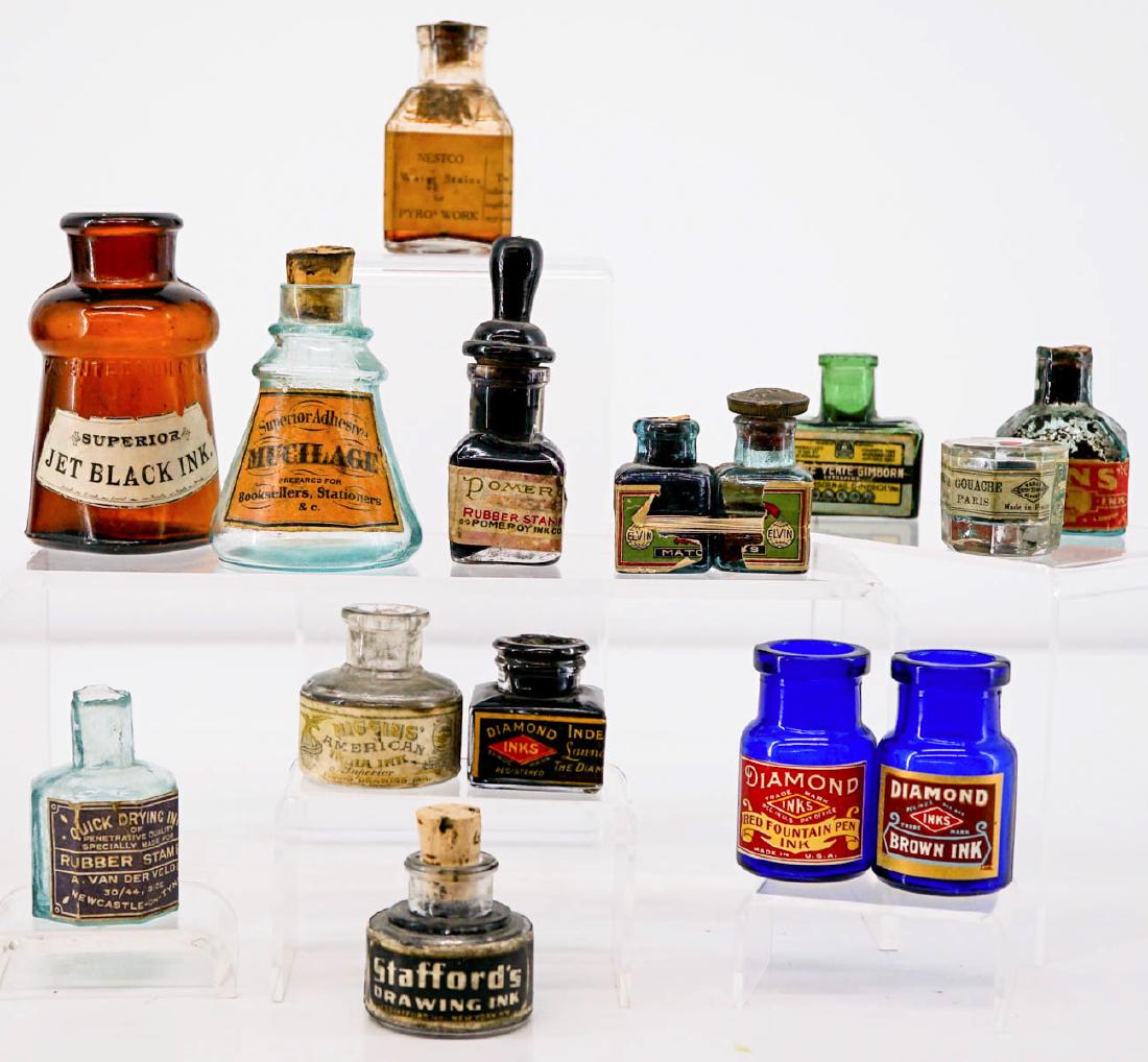 Fourteen Old Ink Bottles with Labels