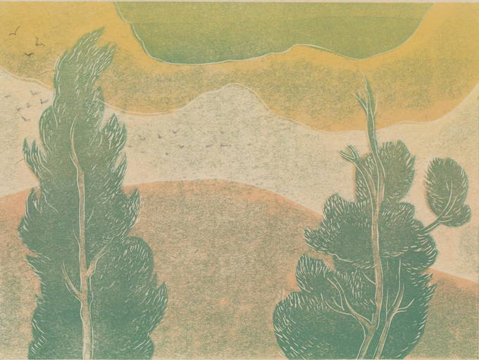 Valenti M Angelo Color Linocut [california, Trees]