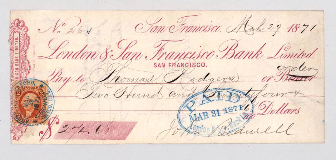 John Bidwell Signed Check Rare Personal Postmark