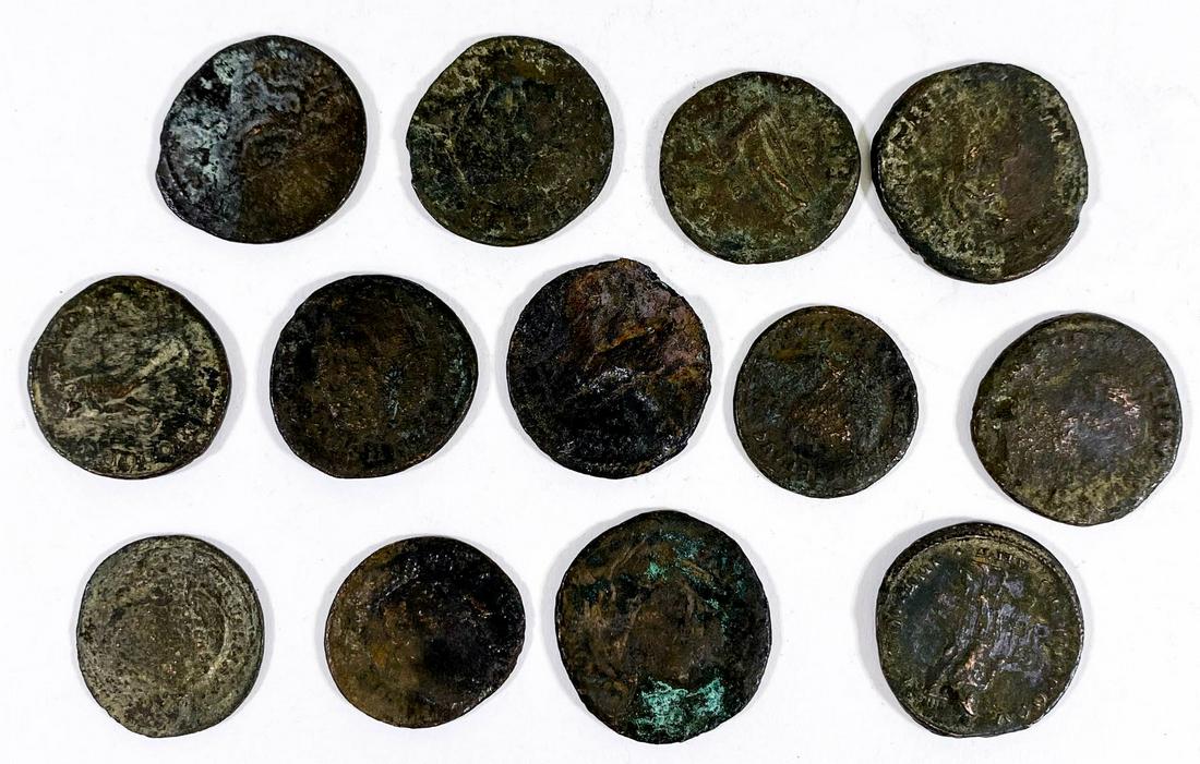 (13) Ancient Roman Bronze Coins In Low Grade. They