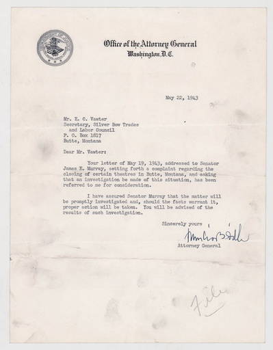 [butte, Montana History] Francis Biddle Tls