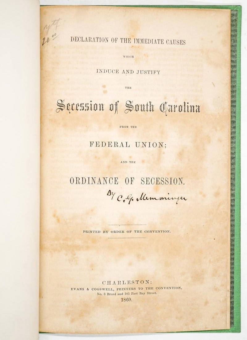 1860. Secession Of South Carolina Pamphlet Auction